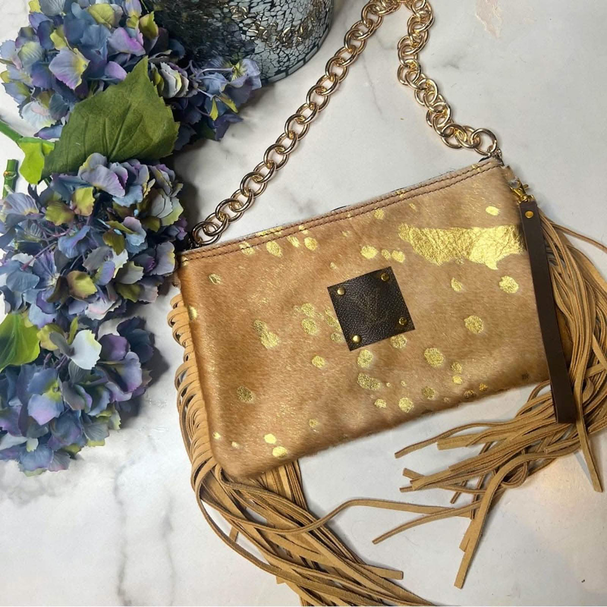 LV Monogram Patch Beige and Gold Fringe Bag with Gold Chain – Upcycled ...